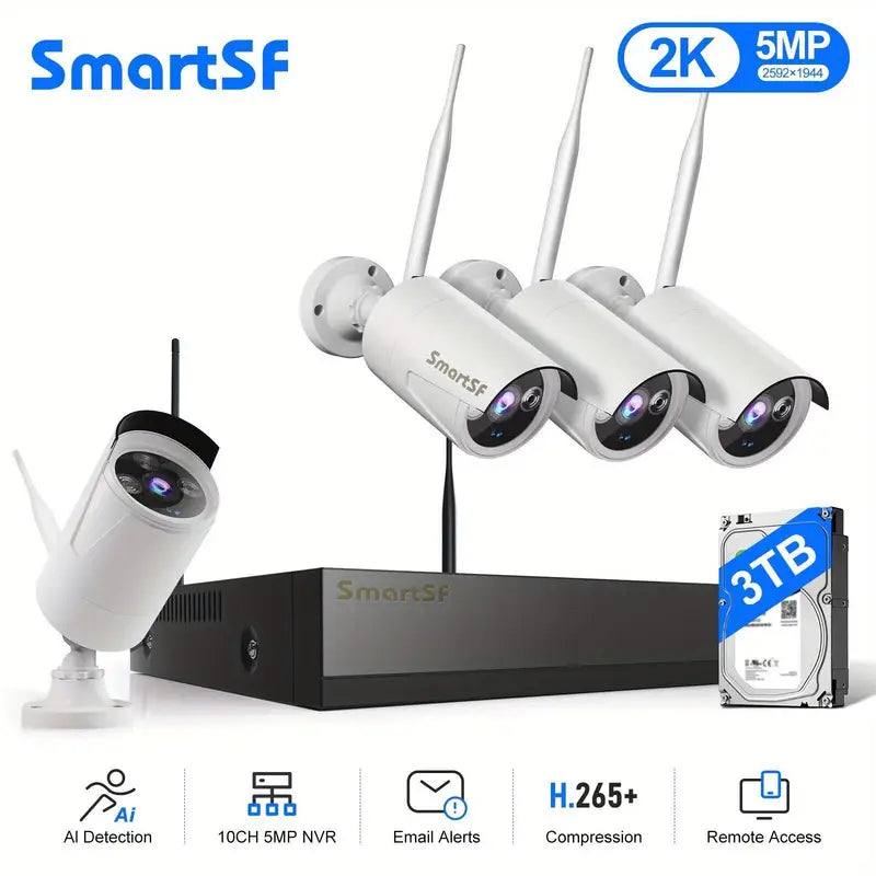 Wireless Security Camera System, 10CH with 4 5MP Cameras, 3TB HDD ...